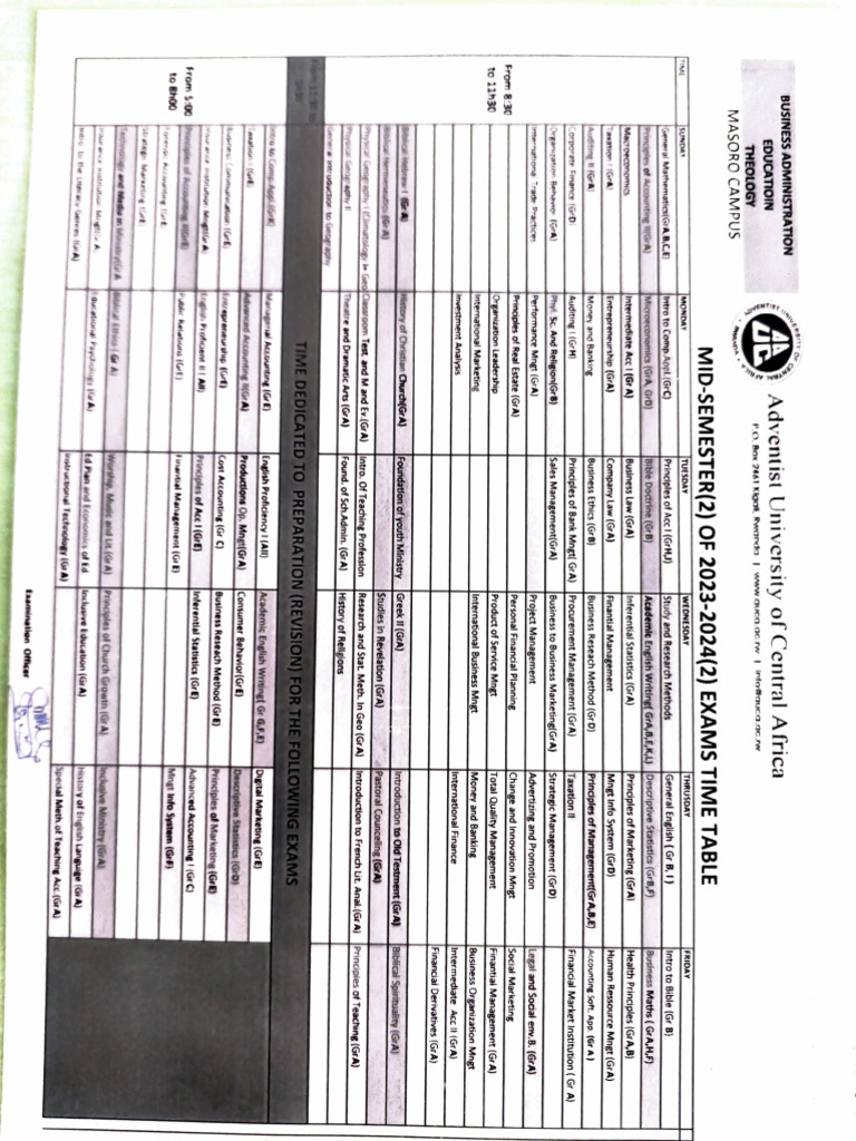 Timetable - Mid Sem Exam | PDF