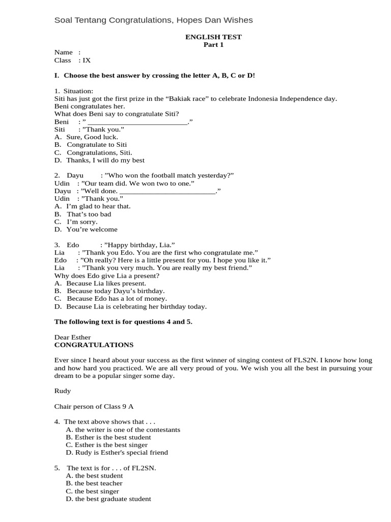 Soal Tentang Congratulations, Hope, Wish | PDF