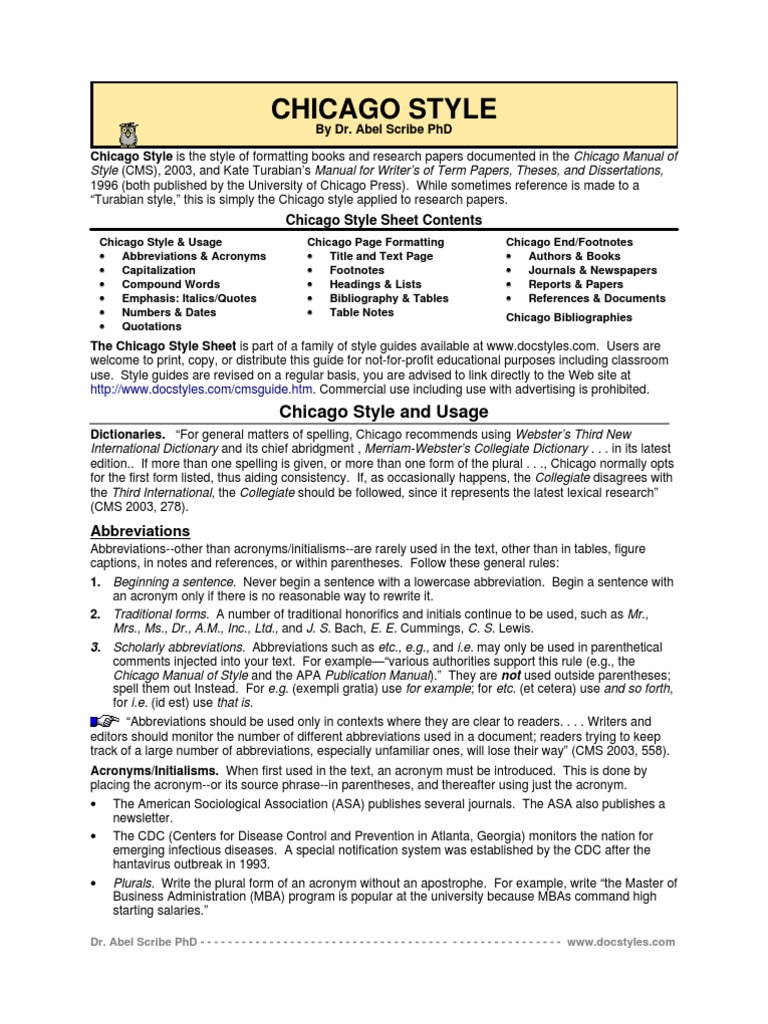 Chicago Style Sheet | PDF | A Manual For Writers Of Research Papers ...