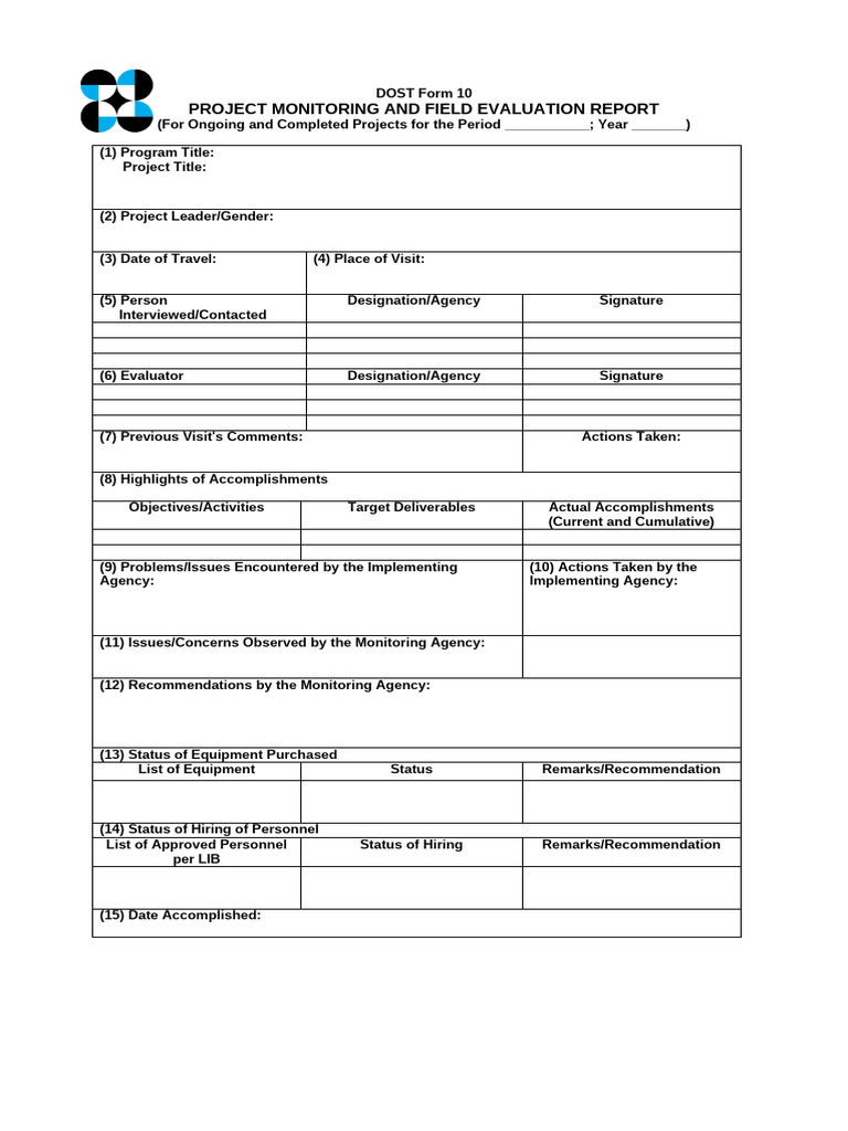 Form 10 Project Monitoring And Field Evaluation Report Pdf