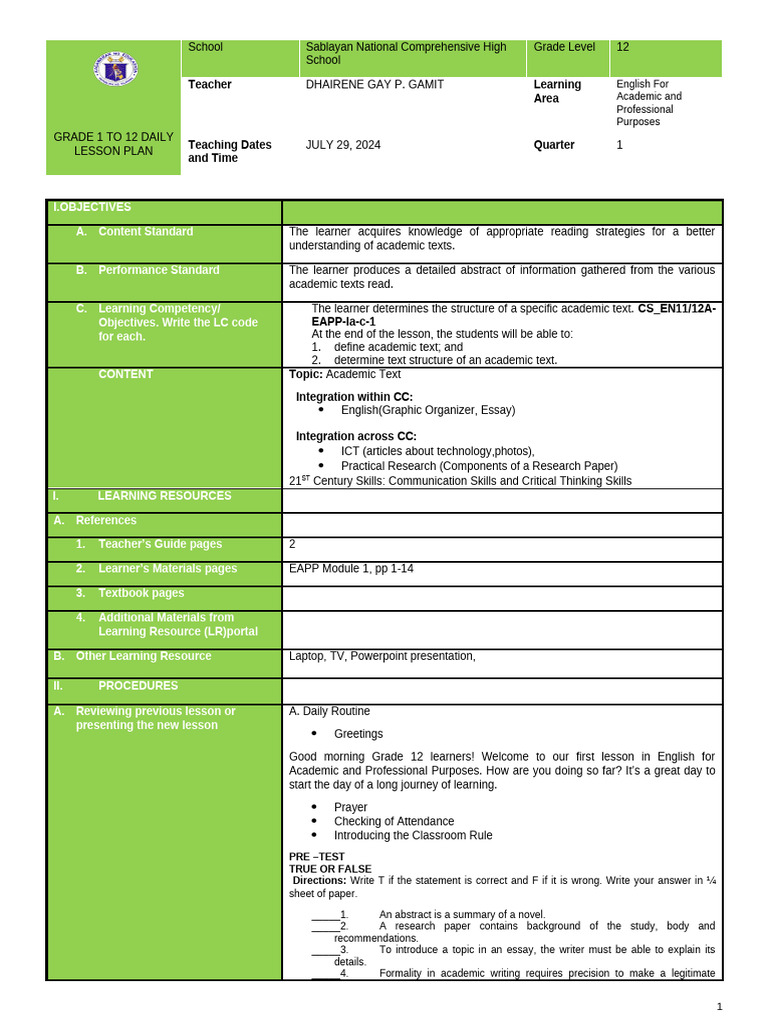 DLP LESSON 1 Academic Reading Text | PDF