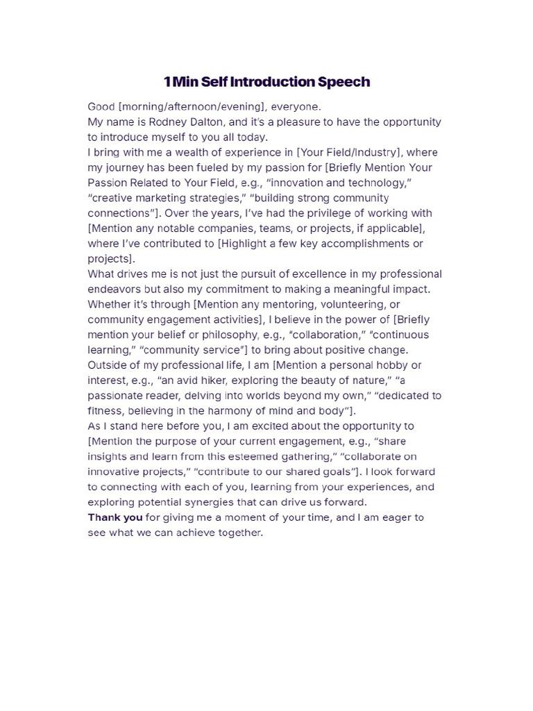 1 Min Self Introduction Speech | PDF