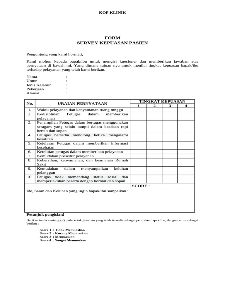 Form Survey Kepuasan Pasien | PDF