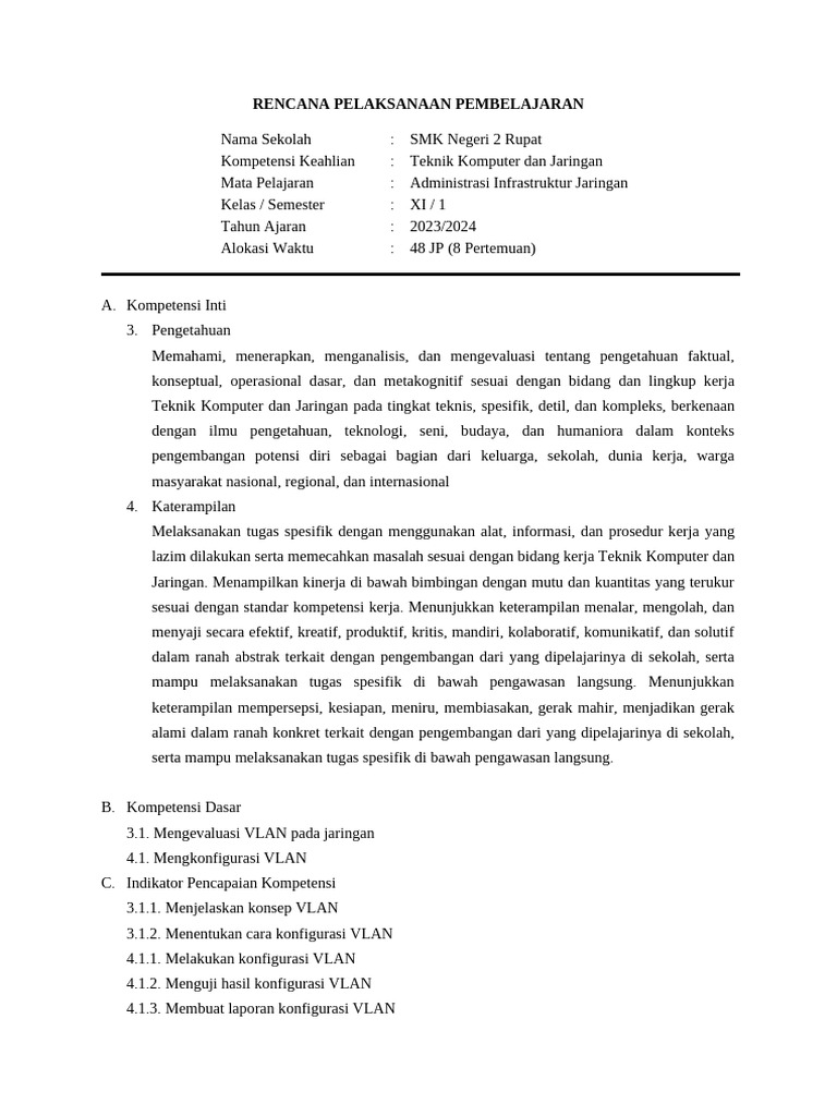 RPP Administrasi Infrastruktur Jaringan 3.1&4.1 | PDF