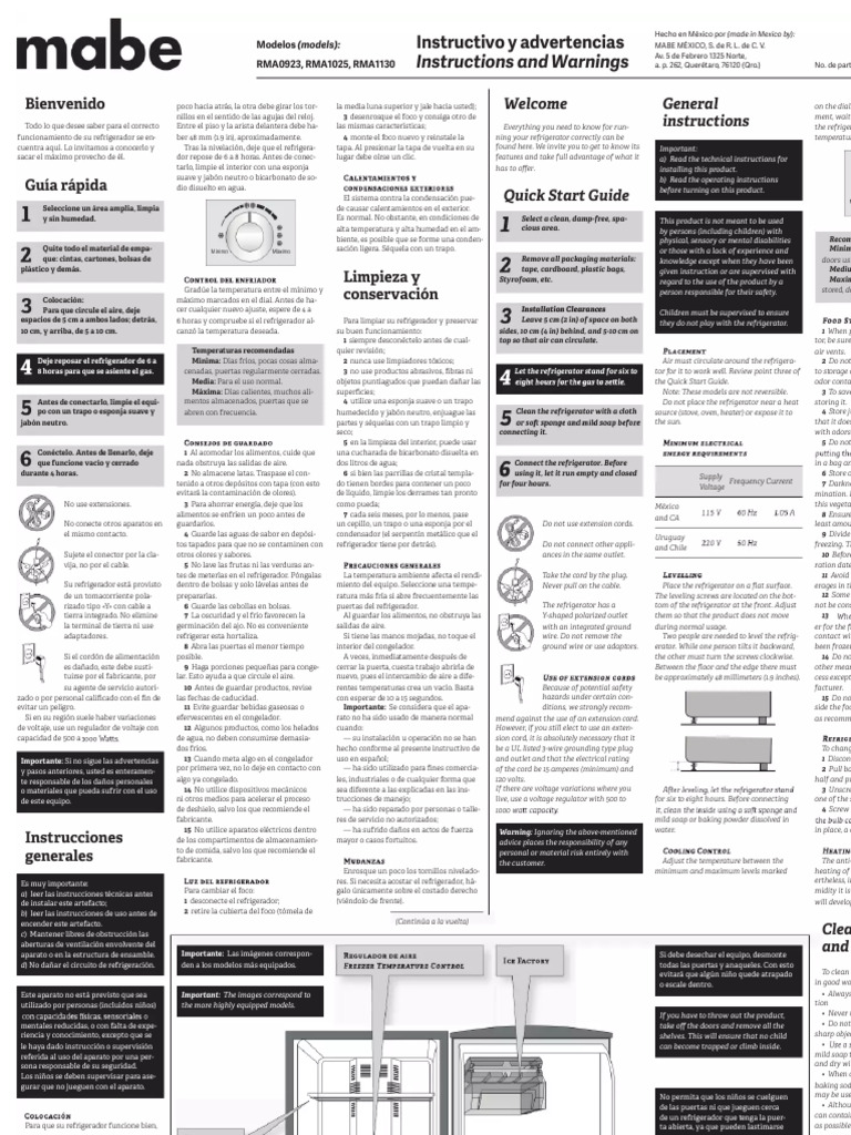 Manual de Usuario Mabe RMA1025VMX (Español - 2 Páginas) | PDF