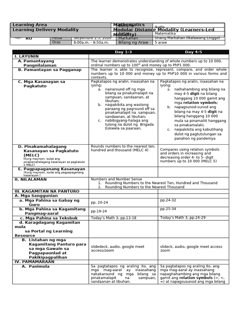 Math Grade 3 IDEA LE Q1 WEEK 2 MELC 4 5 v.1 | PDF