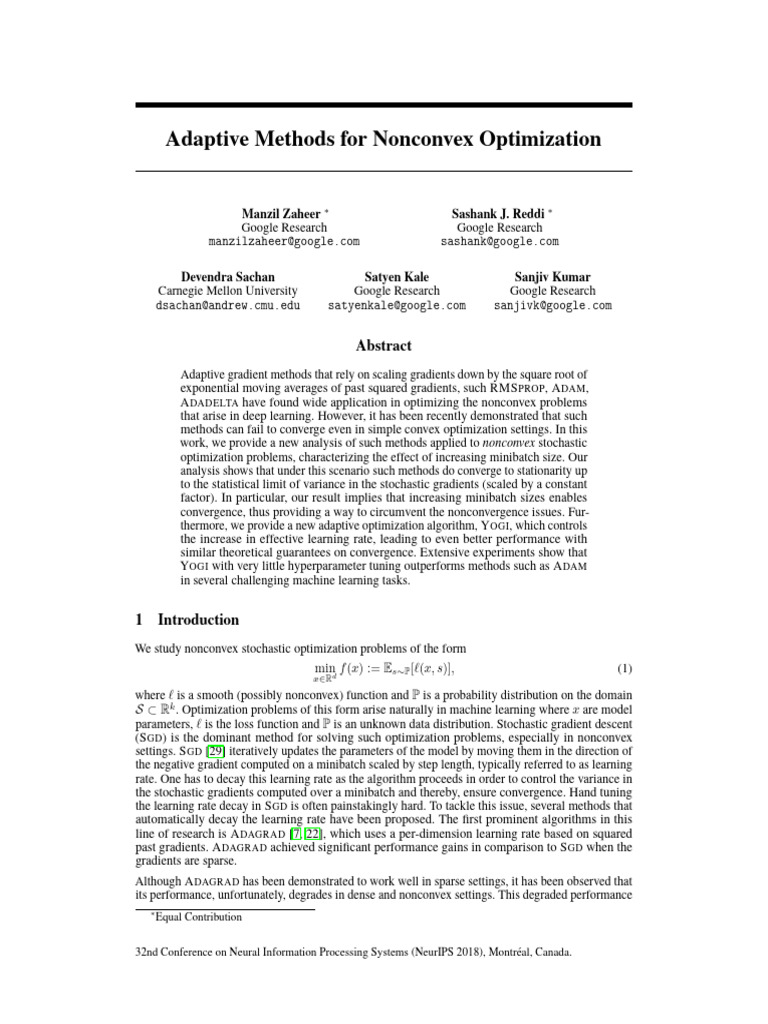 NeurIPS 2018 Adaptive Methods For Nonconvex Optimization Paper | PDF