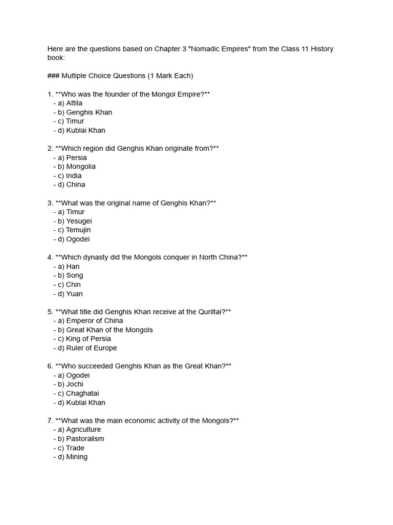 Class 11 Nomadic Empires Questions | PDF | Mongol Empire | Genghis Khan