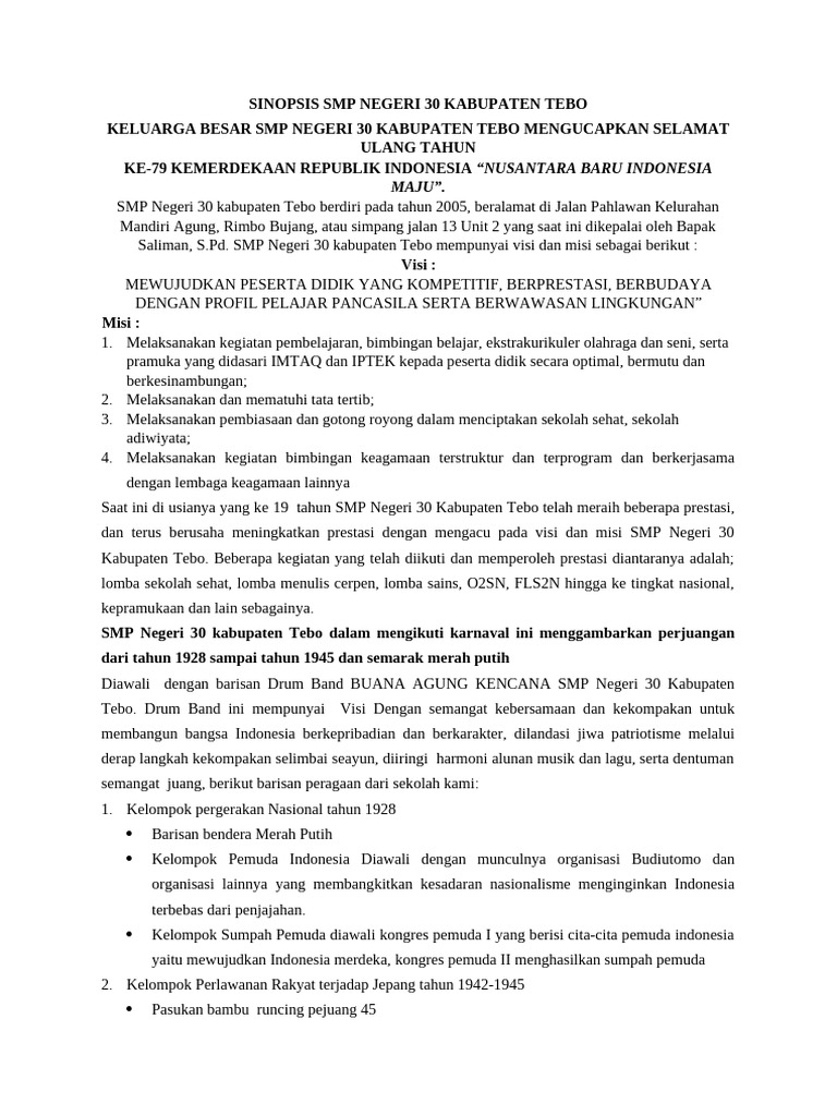 Sinopsis Karnaval SMPN 30 Kab Tebo 2024 | PDF