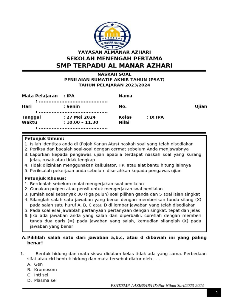 Psat Ipa 2024 Kelas 9 | PDF