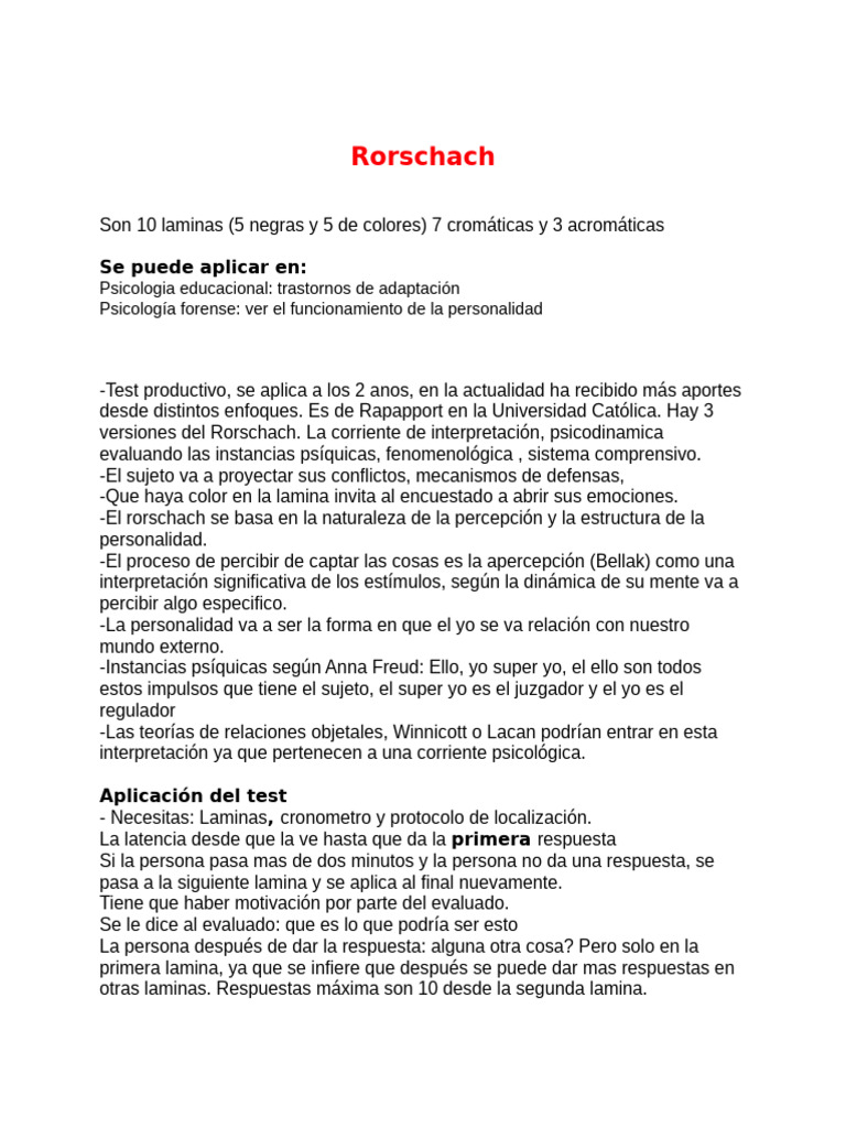 Rorschach Test: Application and Interpretation | PDF