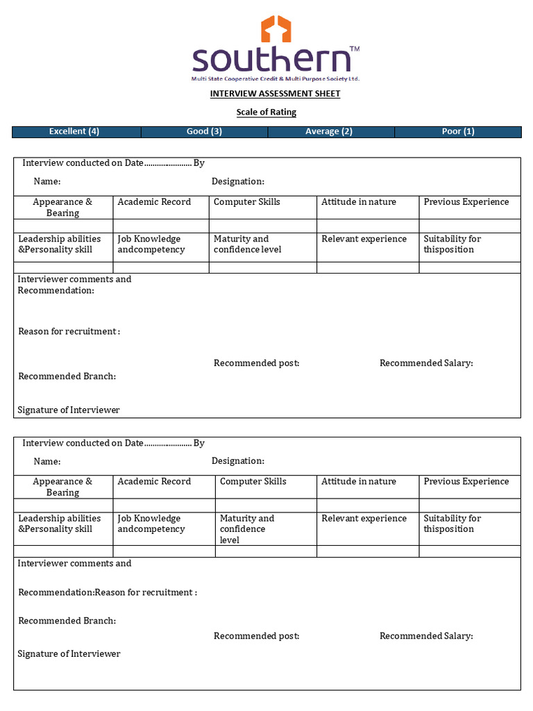 Interview Assessment Sheet - Southern | PDF