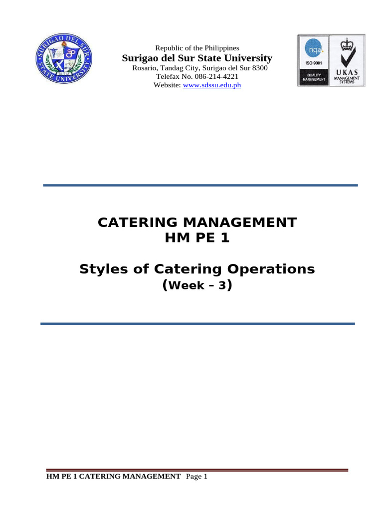 HM PE 1 MODULE WEEK3 Styles of Catering Operations | PDF