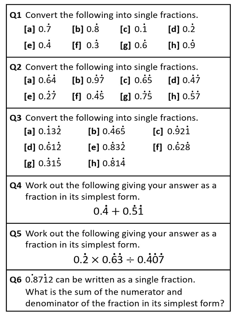 Recurring Decimals Worksheet-1 | PDF