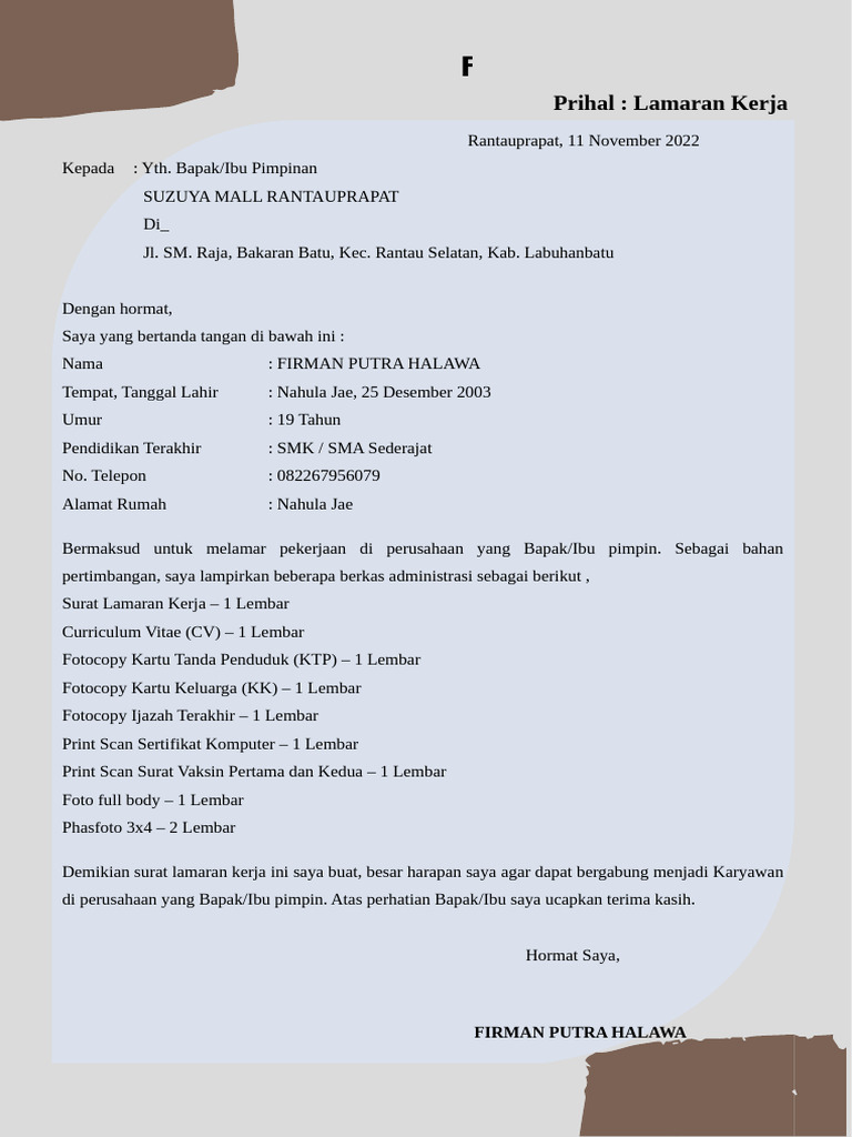 Surat Lamaran Firman | PDF