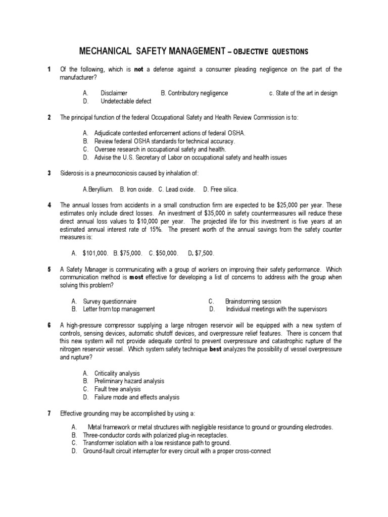 Mechanical Safety Management: - Objective Questions | PDF | Safety ...