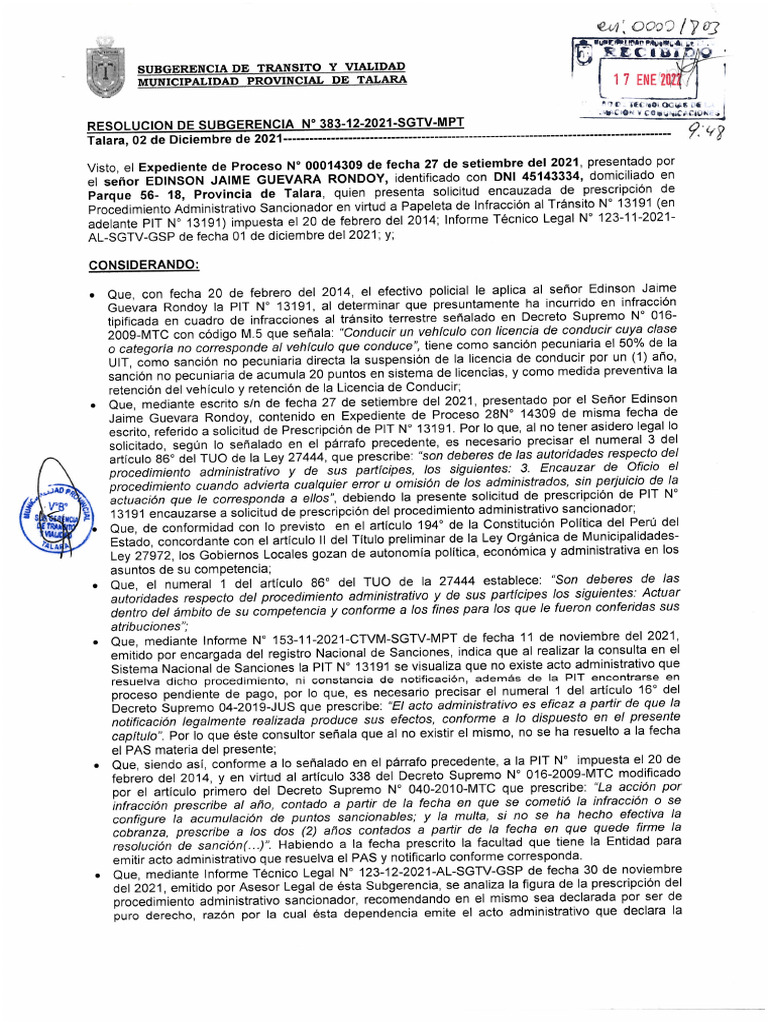 Resolucion Subgerencial #383-12-2021-SGTV-MPT PDF | PDF