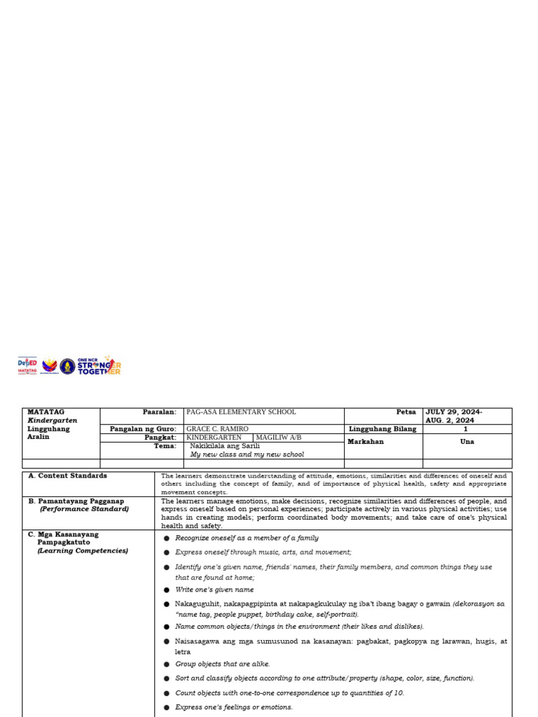 Week 1 Kindergarten Lingguhang Aralin | PDF