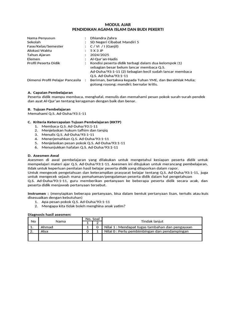 Modul Ajar Kelas VI SMT 1 Qurdis | PDF