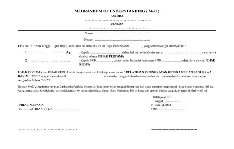 Contoh MOU SMK PKL | PDF