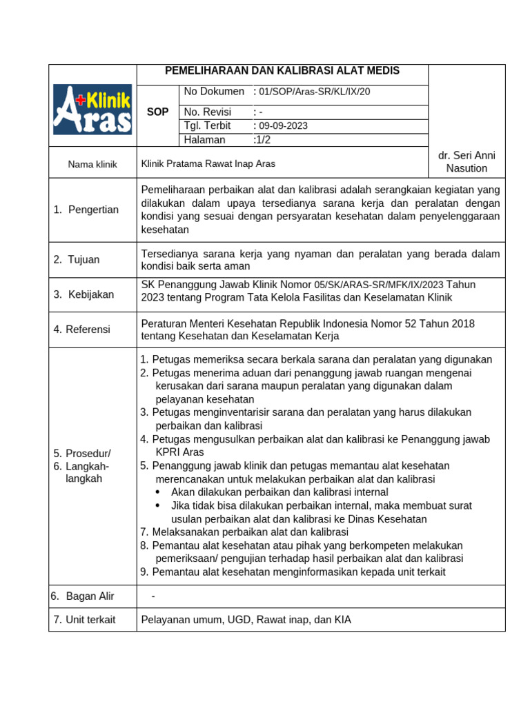Sop Pemeliharaan Dan Kalibrasi Alat Medis SR | PDF