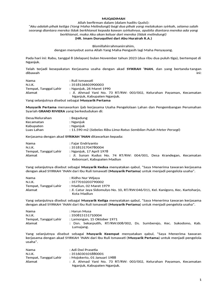 Akad Syirkah Inan Nganjuk 2023 | PDF
