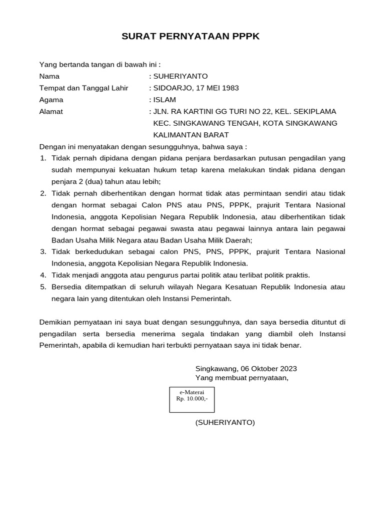 Format Surat Pernyataan 5 Poin PPPK Kementerian PANRB Dan KASN TA 2023 | PDF