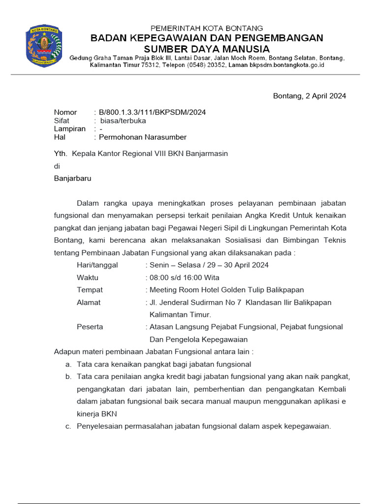 Surat Permohonan Narsum BKN Kanreg 2024 | PDF