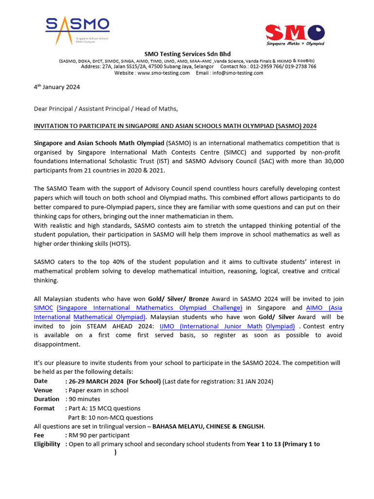 Official Invitation Letter For SASMO 2024 | PDF Official Invitation Letter For SASMO 2024 | PDF
