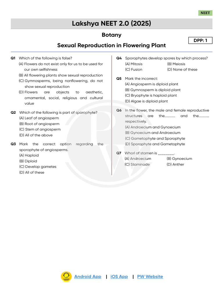 Sexual Reproduction in Flowering Plant - DPP 01 - Lakshya NEET 2.0 2025 | PDF | Sexual ...
