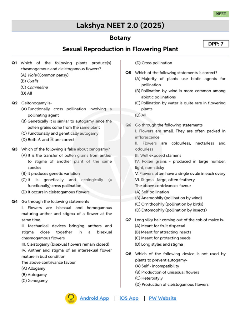 Sexual reproduction in Flowering Plant _ DPP 07 (of lec 08 ) __ Lakshya ... Sexual reproduction in Flowering Plant _ DPP 07 (of lec 08 ) __ Lakshya ...