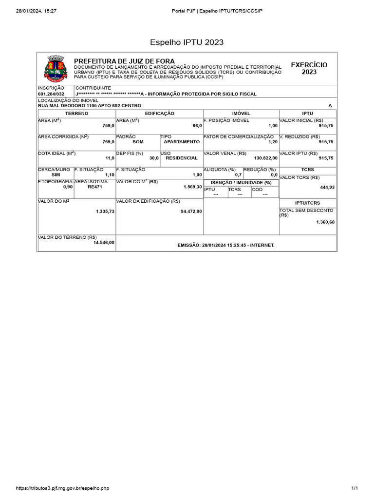 Portal PJF - Espelho Iptu - Tcrs - Ccsip | PDF