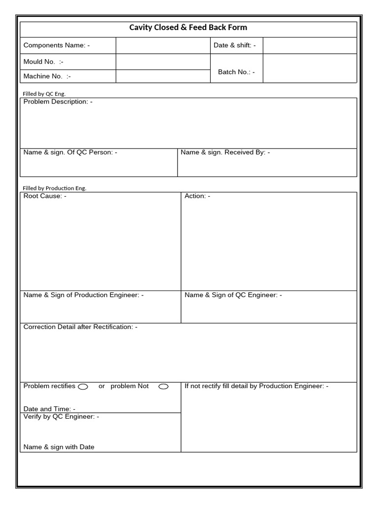 Cavity Closed & Feed Back Form | PDF
