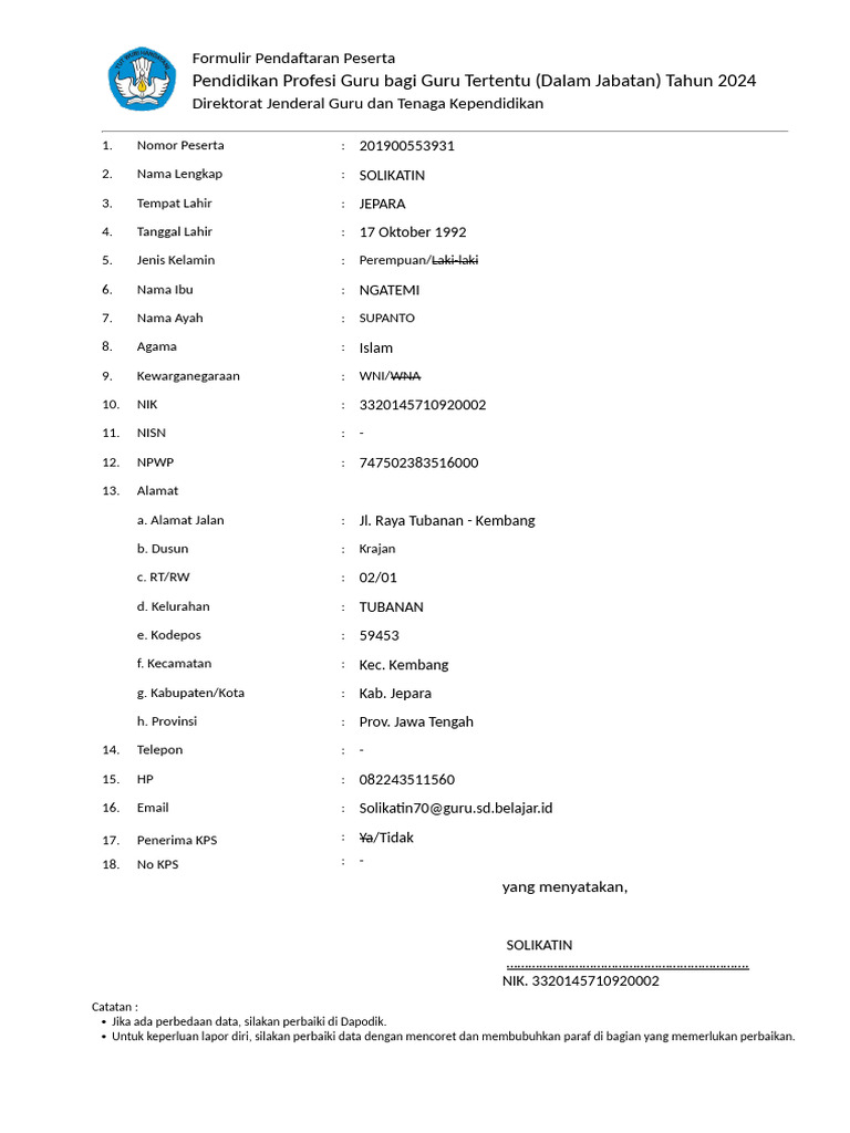 Format A1 Formulir Pendaftaran Peserta PPG Solikatin | PDF
