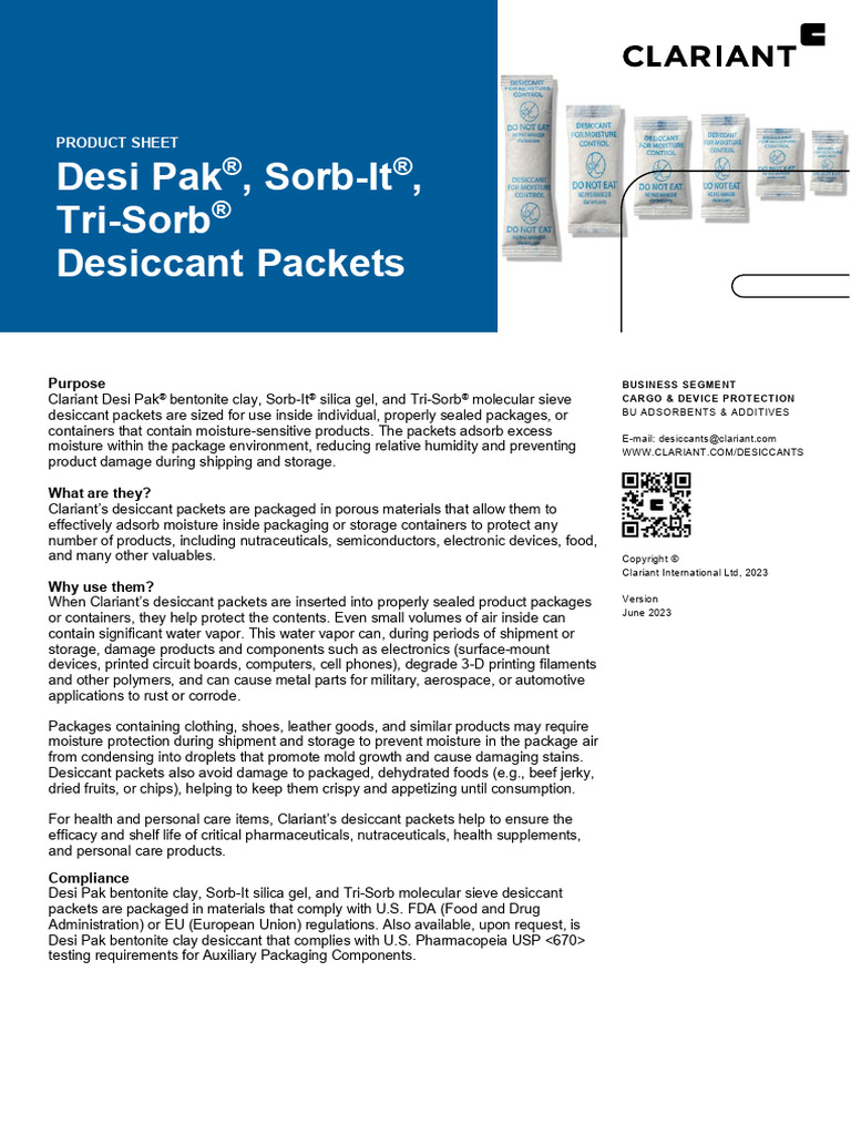 Clariant Product Sheet Desiccant Packets | PDF