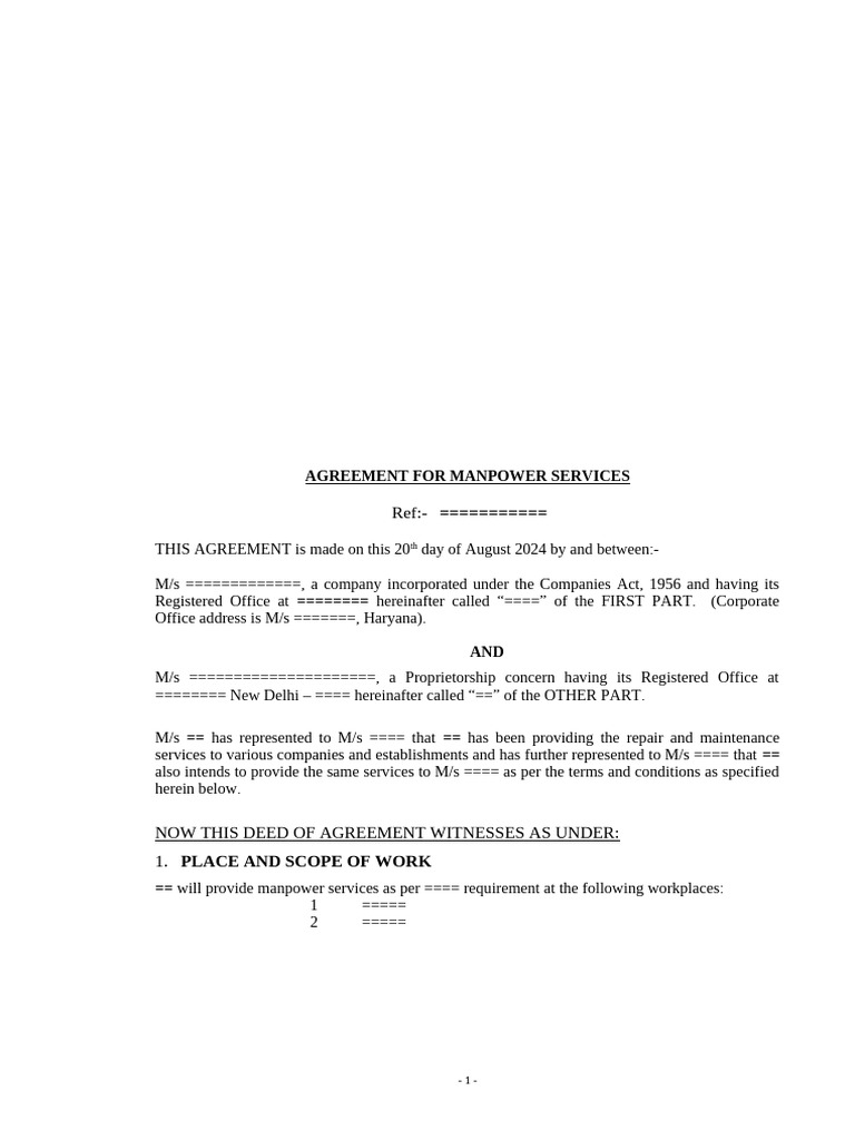 Manpower Contract Agreement Format | PDF