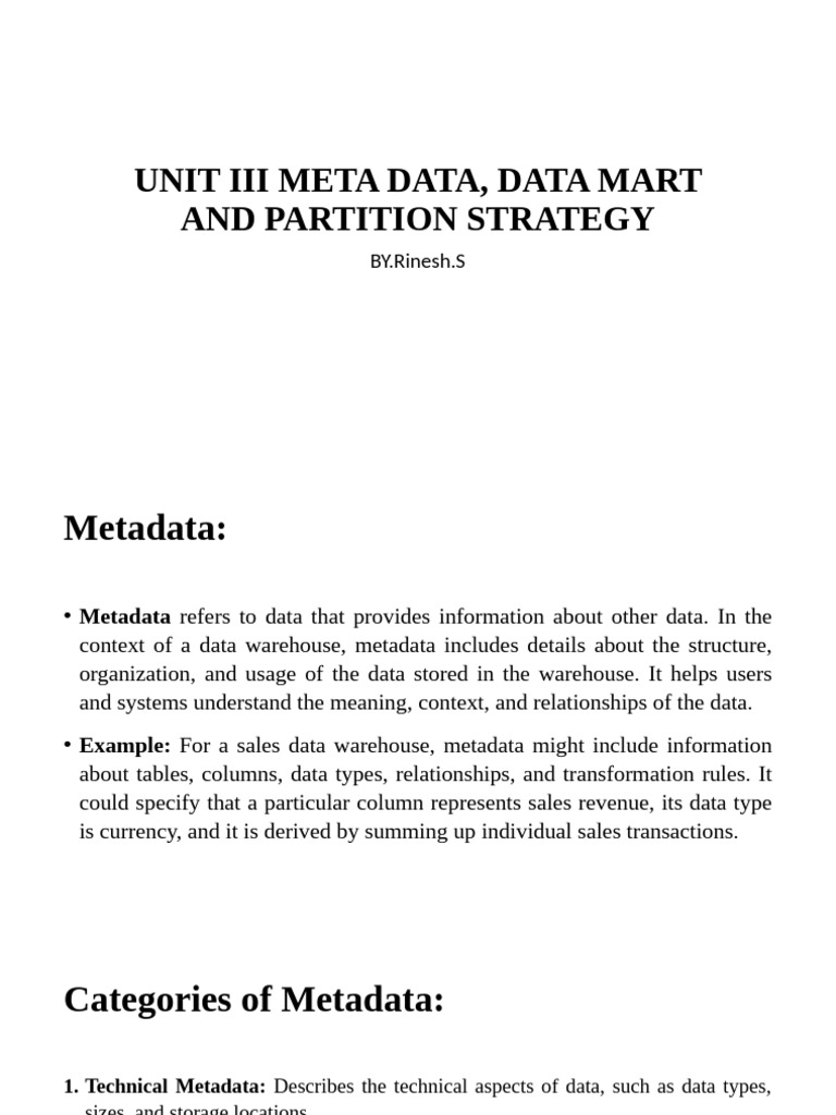 Unit III Meta Data, Data Mart and Partition Strategy | PDF