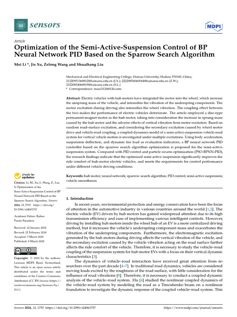Optimization of The Semi-Active-Suspension Control of BP Neural Network PID Based On The Sparrow ...