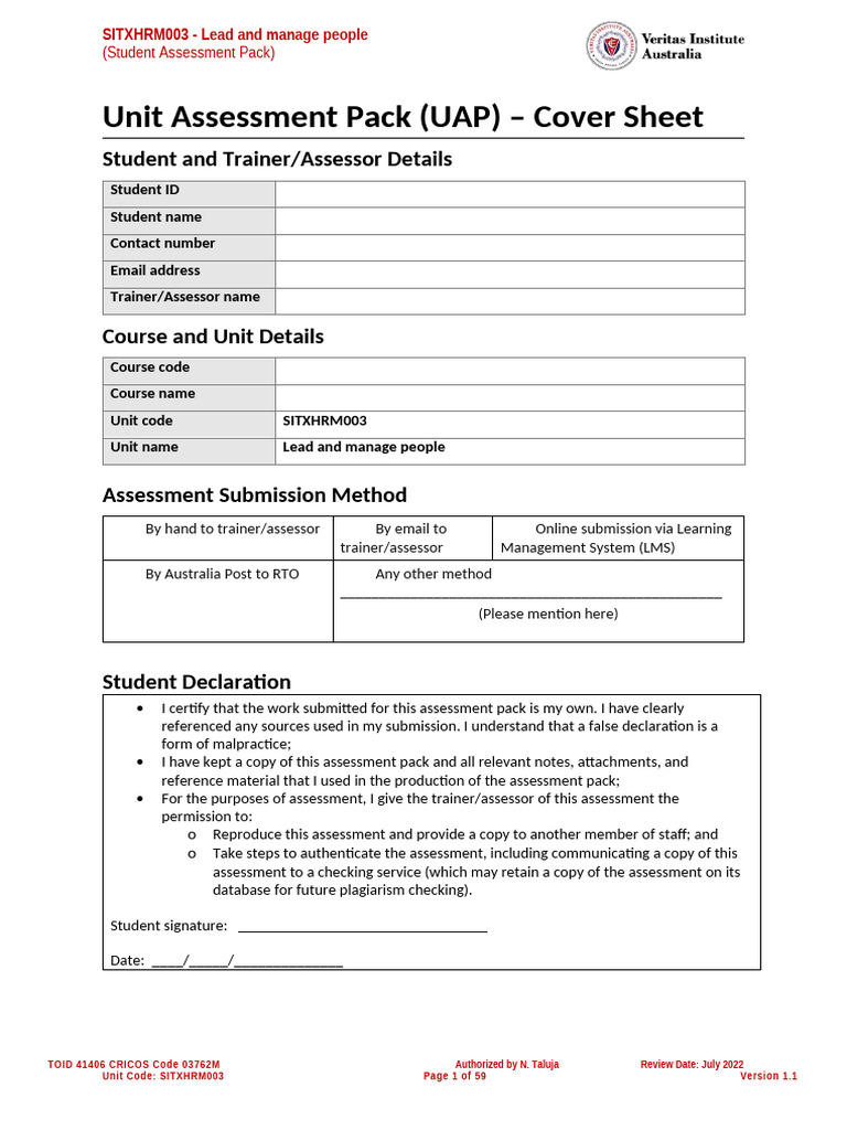 SITXHRM003 Unit Assessment Pack | PDF