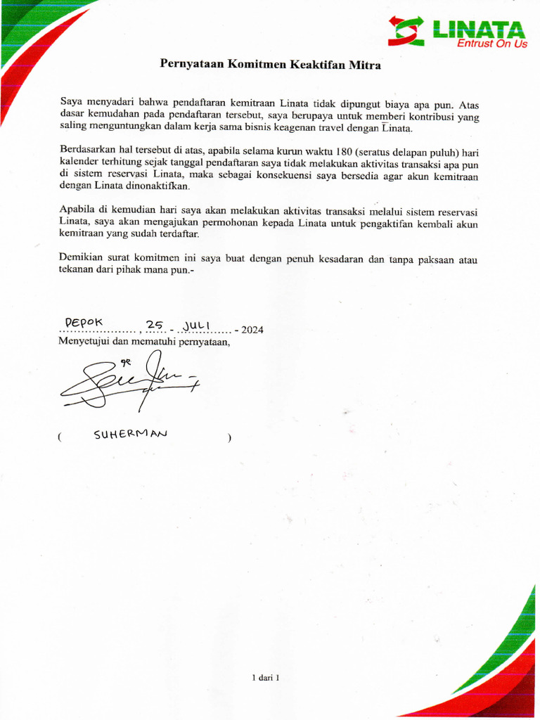Pernyataan Komitmen Keaktifan Mitra Linata | PDF