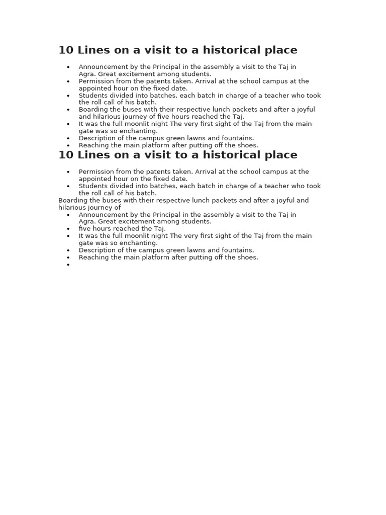 10 Lines On A Visit To A Historical Place | PDF