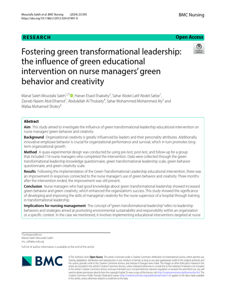 Fostering Green Transformational Leadership: The Influence of Green Educational Intervention On ...