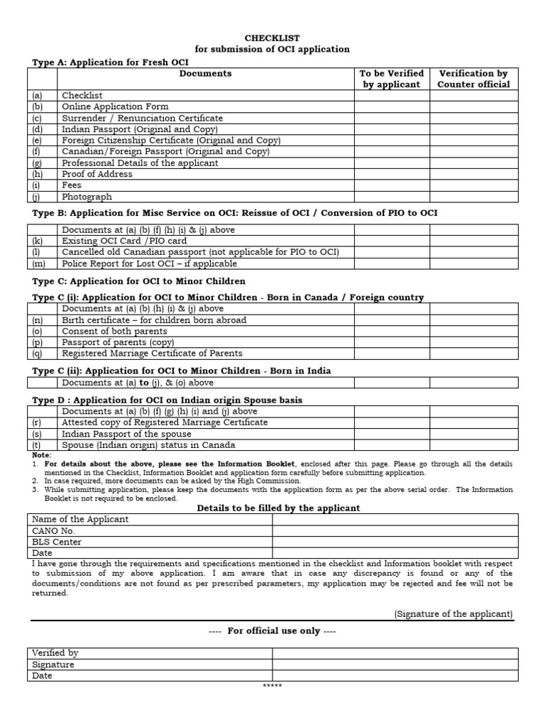 Checklist Information Booklet For OCI | PDF