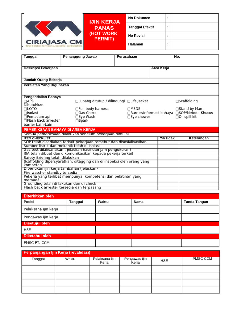 Form Ijin Kerja Panas (Hot Work Permit) | PDF