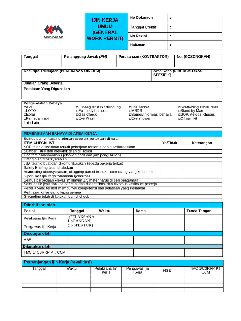 Form Ijin Kerja Umum (General Work Permit) | PDF