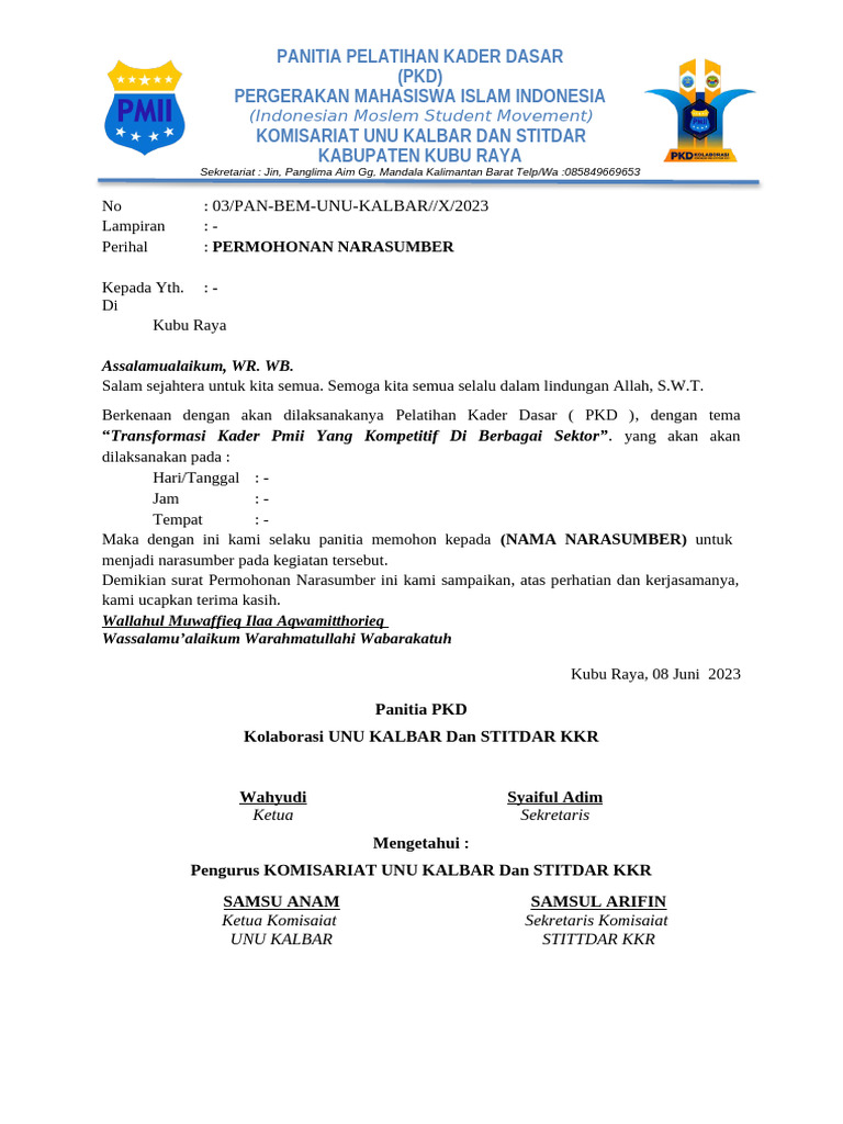 Contoh Surat Permohonan Narasumber Pmii | PDF