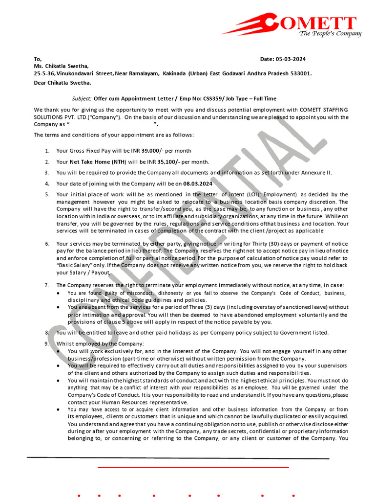 Offer Letter - Chikatla Swetha | PDF