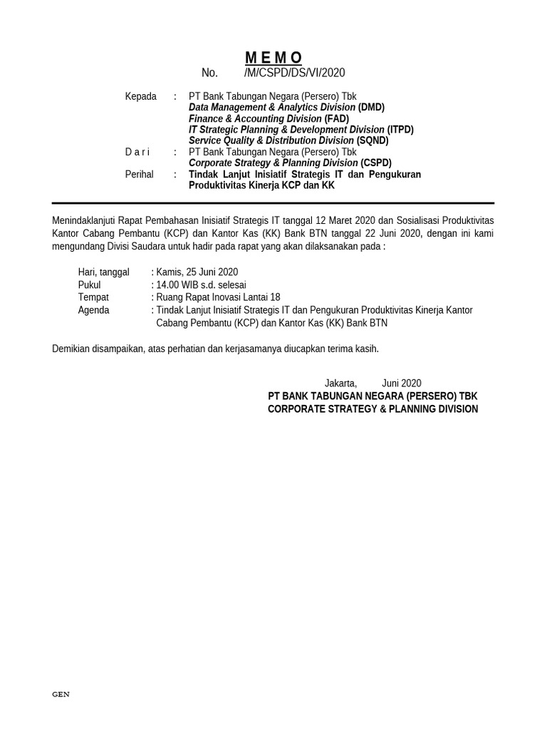 Memo Undangan Rapat DMD, FAD, ITPD, SQND | PDF