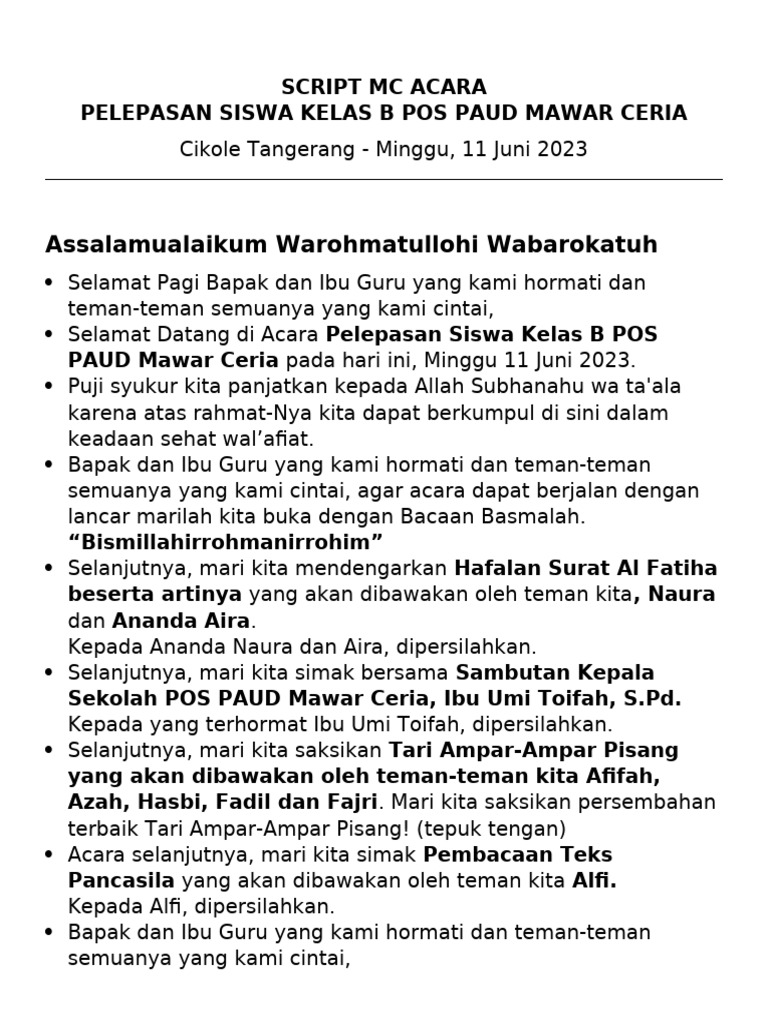 Script MC Acara Paud | PDF