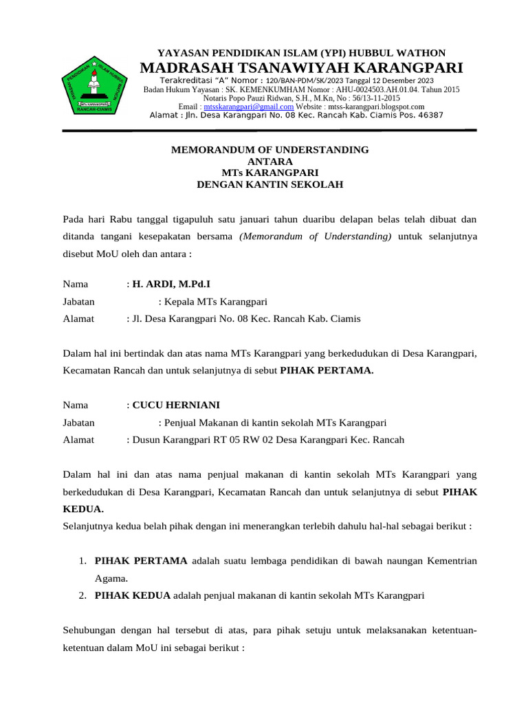 Mou-Kantin-Sekolah MTs Krpari | PDF